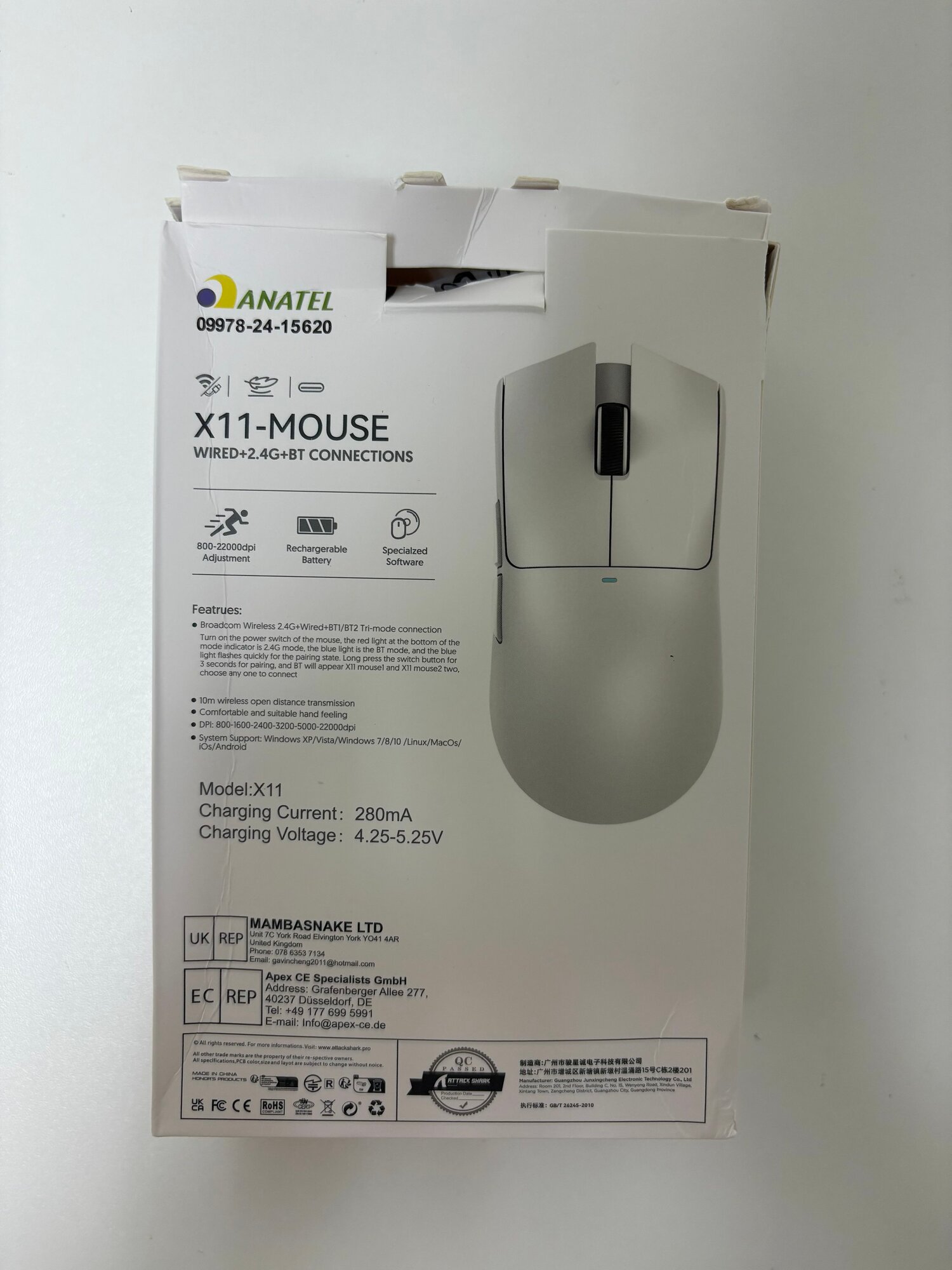 Мышь Attack Shark X11 (White, PAW3311, Huano Switch) помята или надорвана коробка, игровая беспроводная, суперлёгкая 63 г.