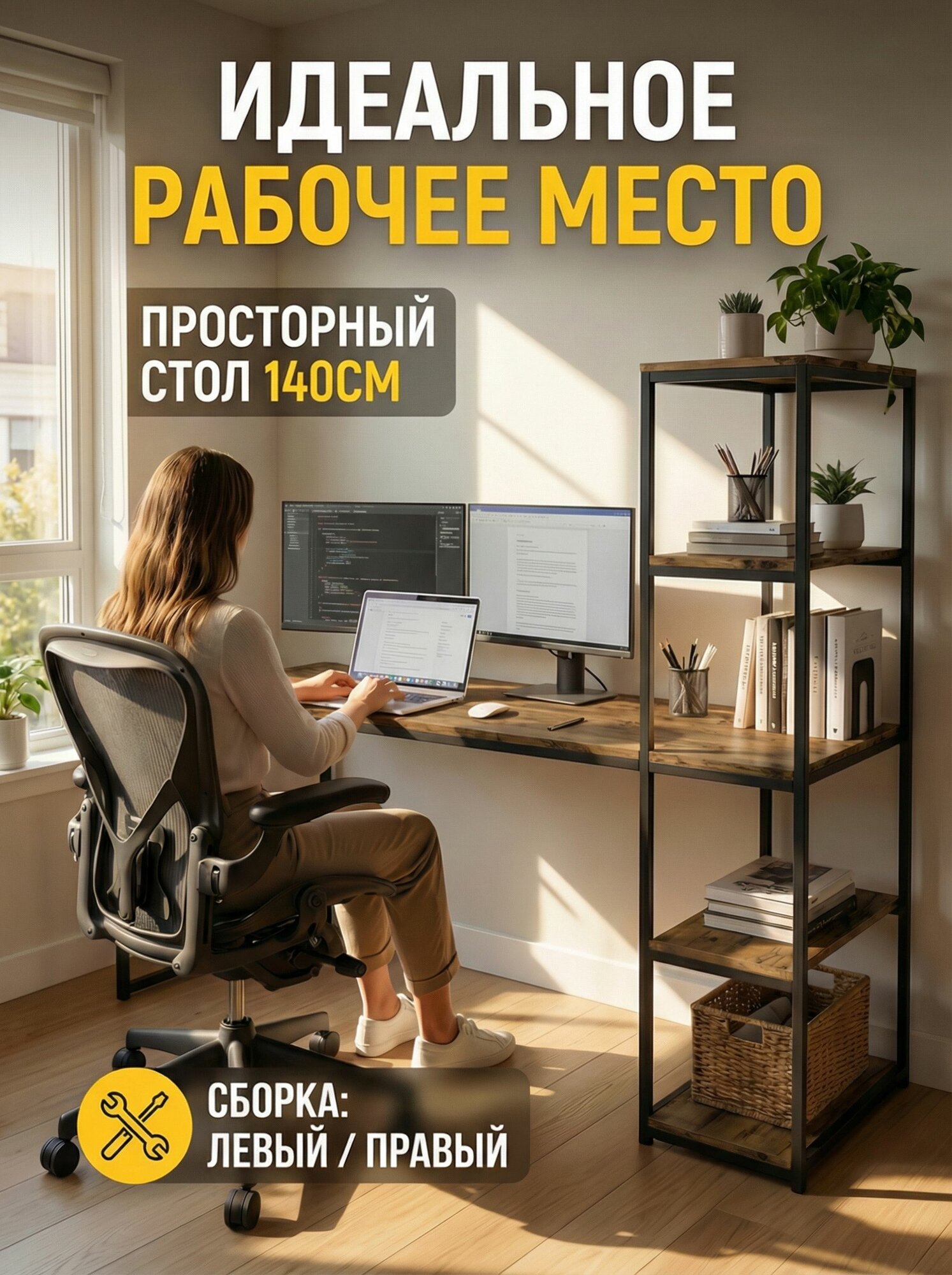 Стол-стеллаж письменный EDWARD, коричневый, компьютерный, офисный, для школьника, рабочий, швейный, домашний офис гростат 140х60х75 см.