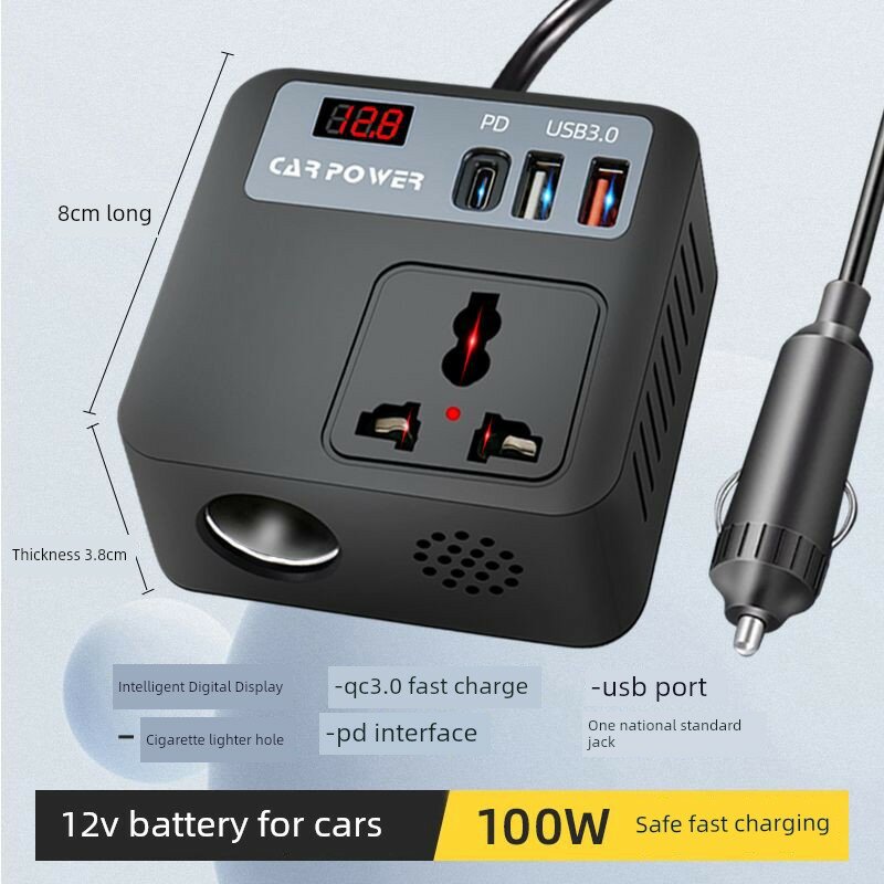 Автомобильный инвертор 12В для легковых автомобилей, двойной USB PD быстрая зарядка с цифровым дисплеем, черный куб