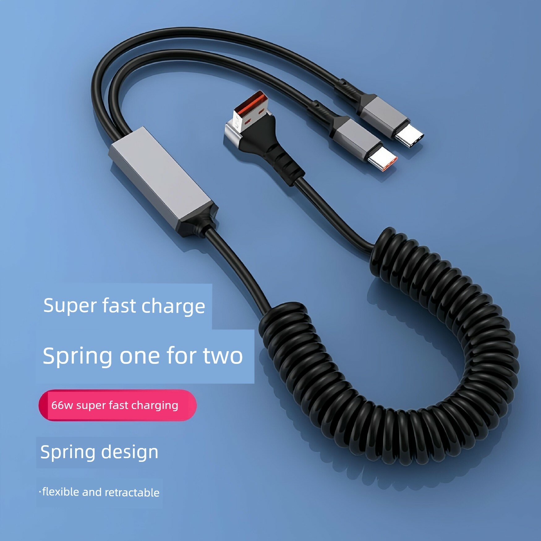 Совместимый гибкий USB-C 2-в-1 кабель для зарядки Type C и Type C устройств (автомобильная монтажная система)