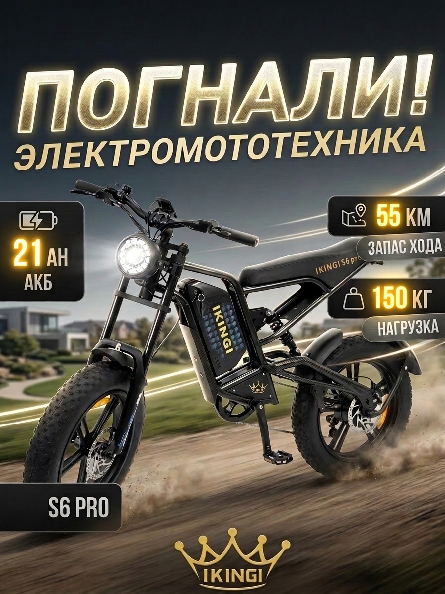 Электроскутер для взрослых IKINGI S6 PRO, 60V/21Ah, 1000w, 55км/ч, до 50км пробега!
