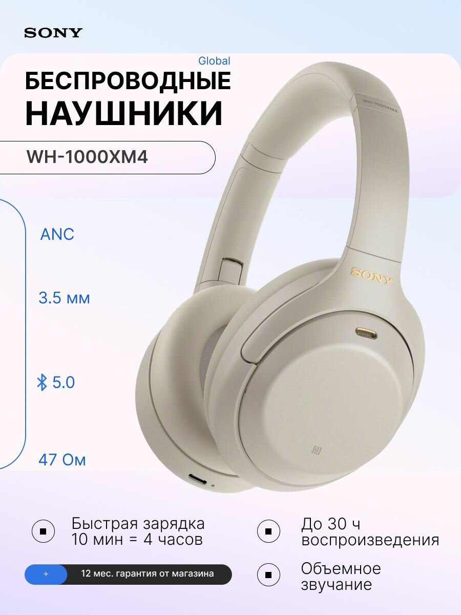 Беспроводные наушники Sony WH-1000XM4, серебристый