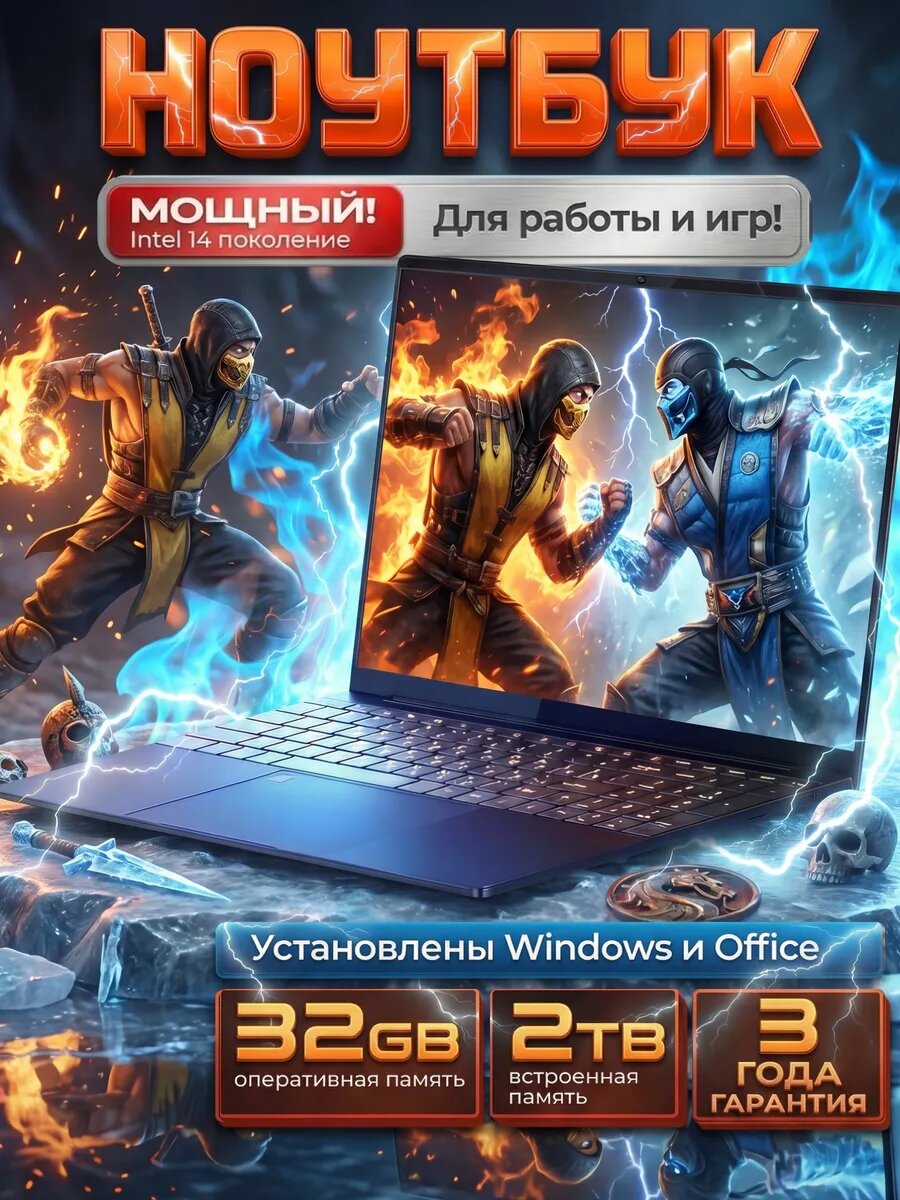 Ноутбук игровой 2026 Intel H-series, RAM 32GB, SSD 2048GB, IPS + Windows, Office