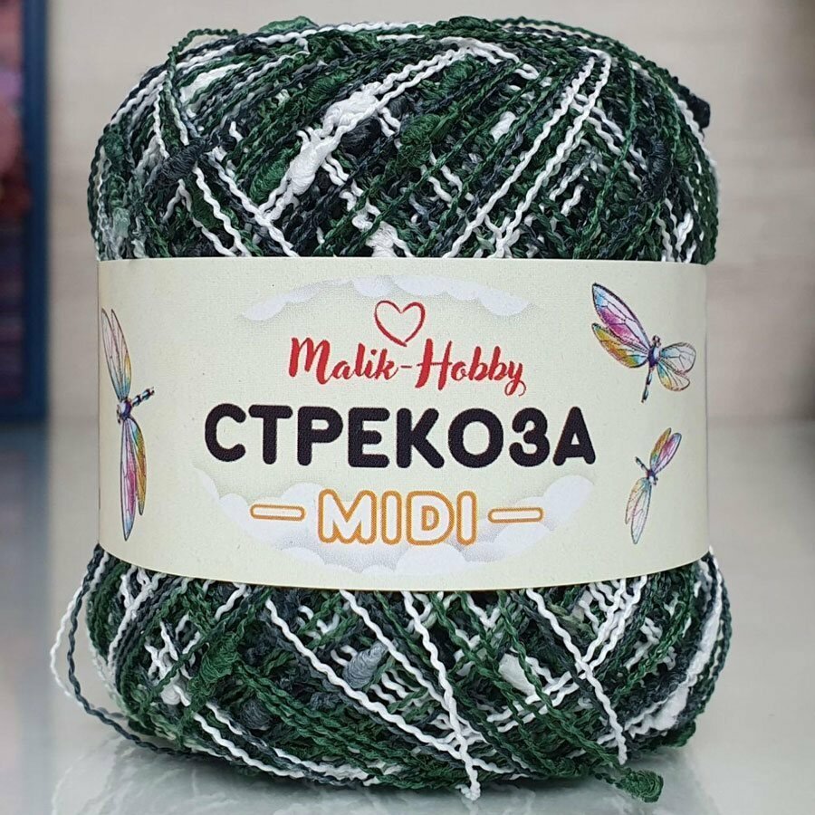 Пряжа M&h стрекоза MIDI 029 зеленый/белый/серый (1 моток)