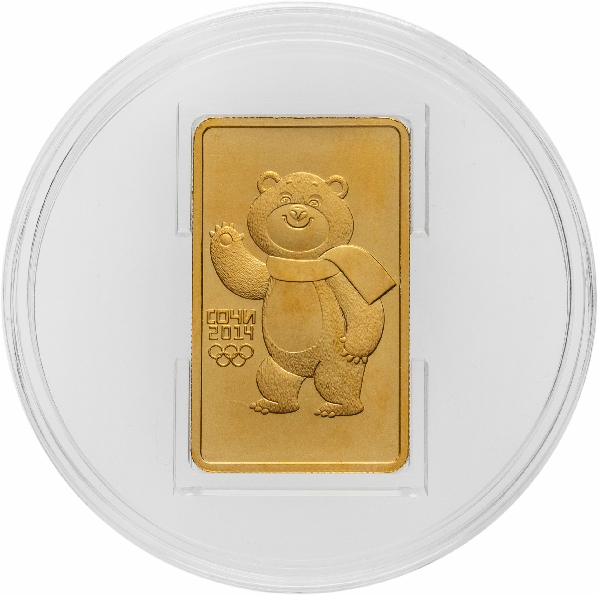 100 рублей 2012 ММД UNC "Белый мишка - талисман олимпиады в Сочи Медведь", Золото 999