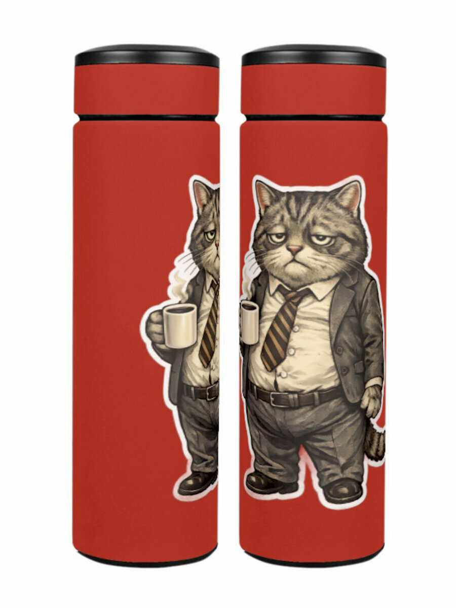 Термос «Деловой Кот в костюме с кофе» (красный)