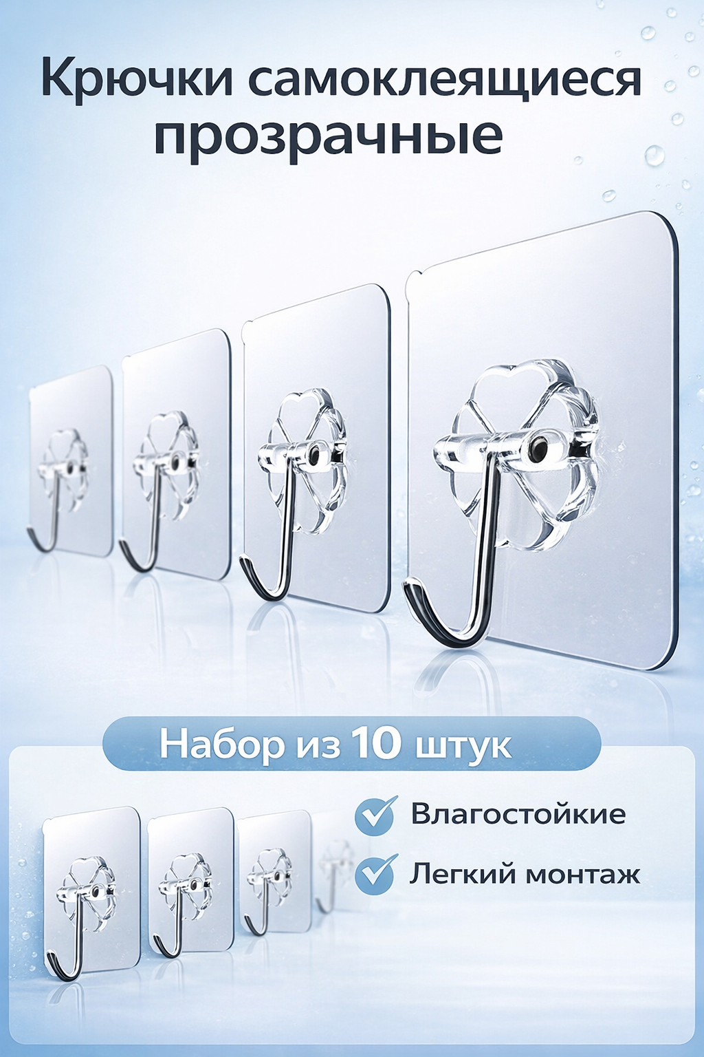 Крючки самоклеющиеся, прозрачные, набор 10шт