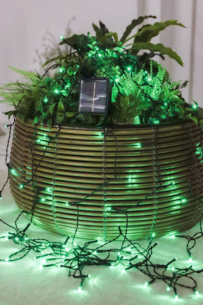 Садовая гирлянда Solar нить на солнечной батарее, 100 зелёных LED-огней, 10+0.5 м, зелёный провод, контроллер.