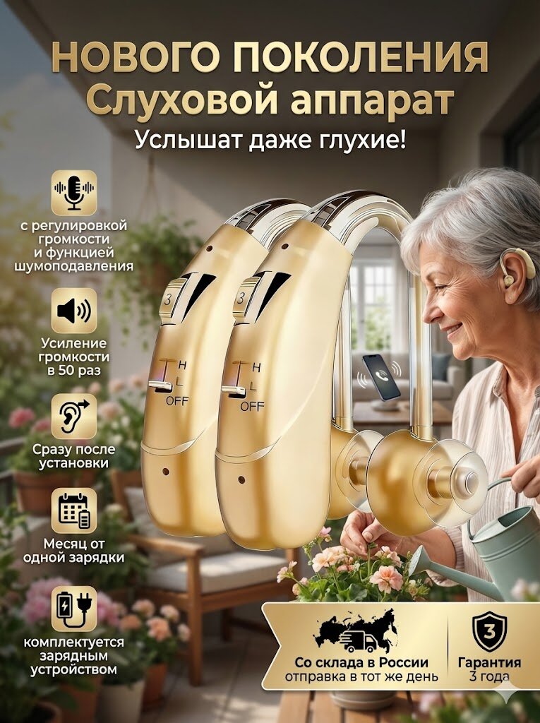 Накладной слуховой прибор с зарядным устройством для пожилых и взрослых