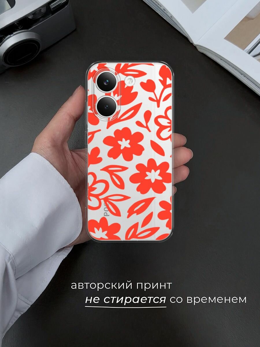 Чехол на Poco X8 Pro / Поко X8 Про с принтом Красный цветочный орнамент, прозрачный — фото 1