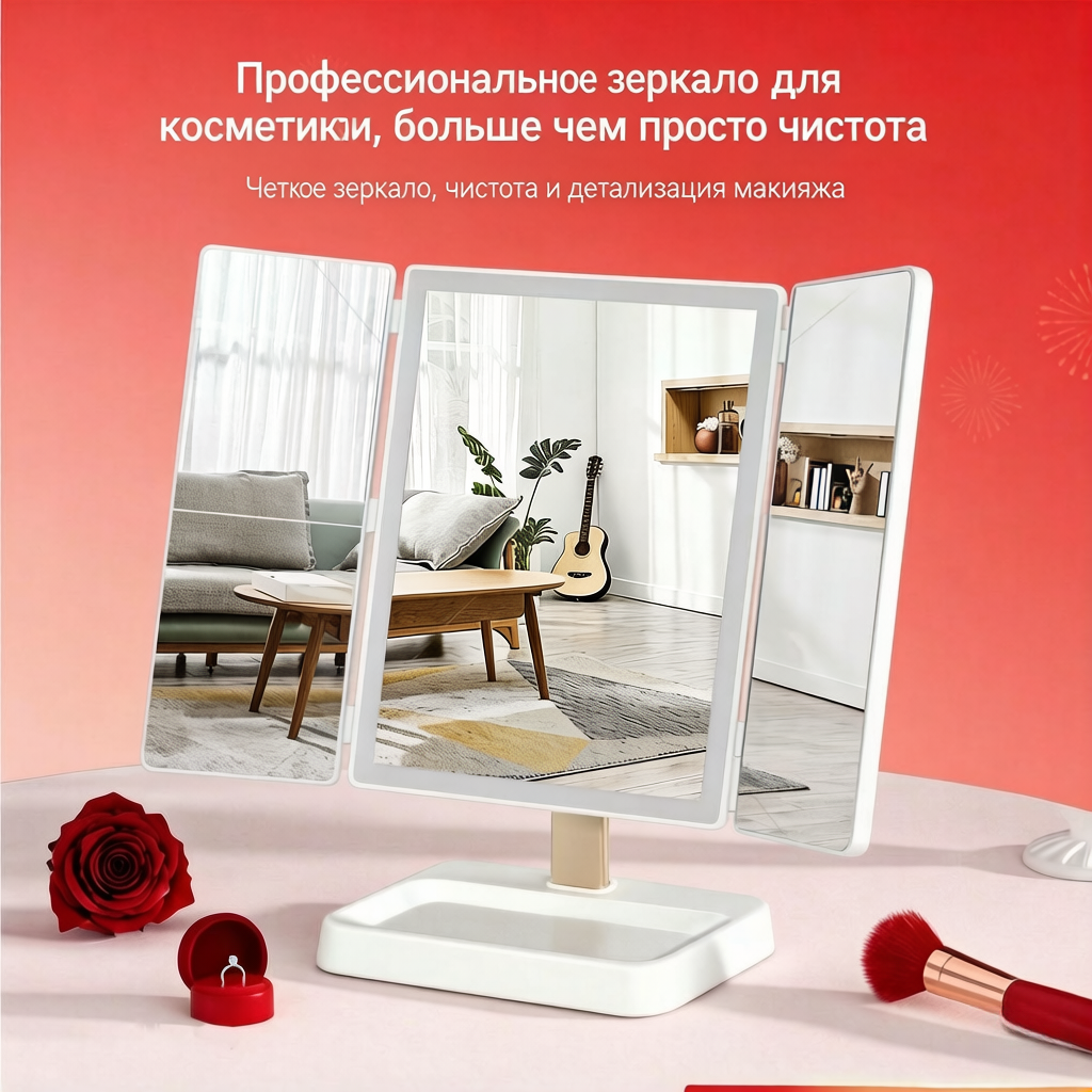 Светодиодное Зеркало для Макияжа 29х19х5 мм, с 3 Складными Зеркалами, Белое