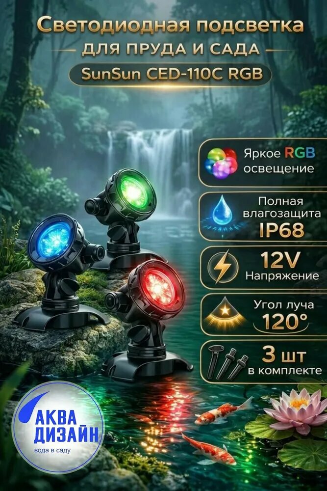 Светодиодная подсветка для пруда и сада SunSun CED-110C RGB(3x1W)