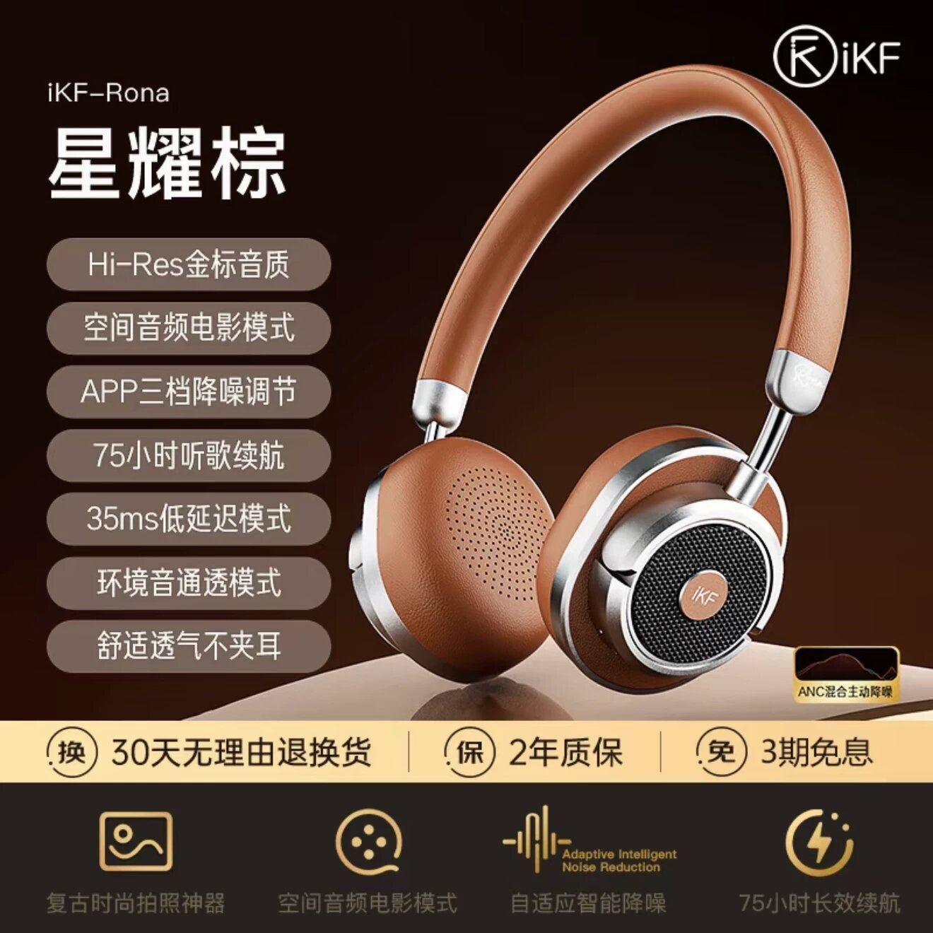 IKF Rona Беспроводные наушники Bluetooth с адаптивным шумоподавлением и режимом прозрачности в цвете Звездный коричневый