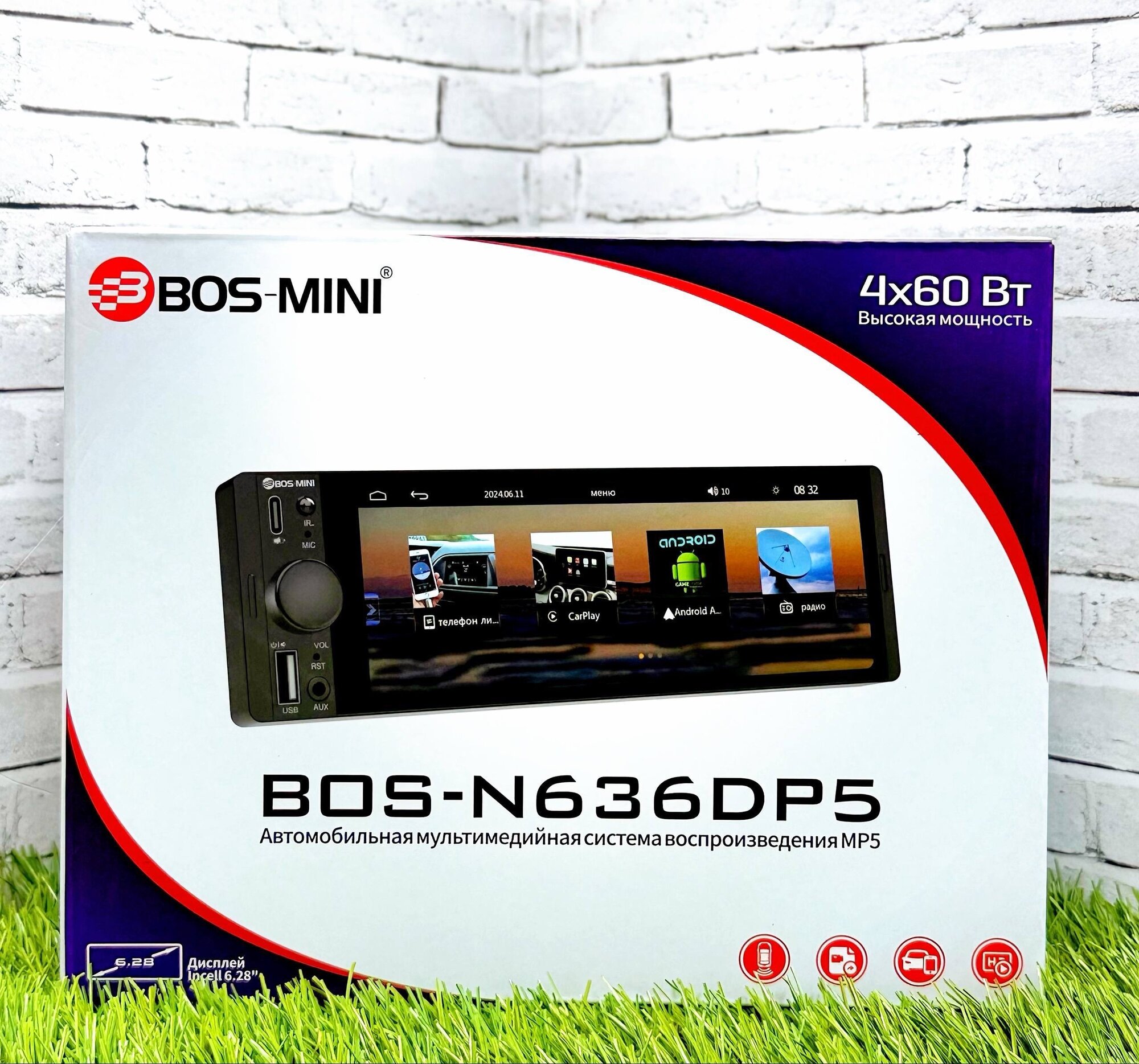 Автомагнитола BOS MINI 636 PD5 60W 1 Din Bluetooth USB AUX CarPlay, сенсорный экран, пульт в комплекте