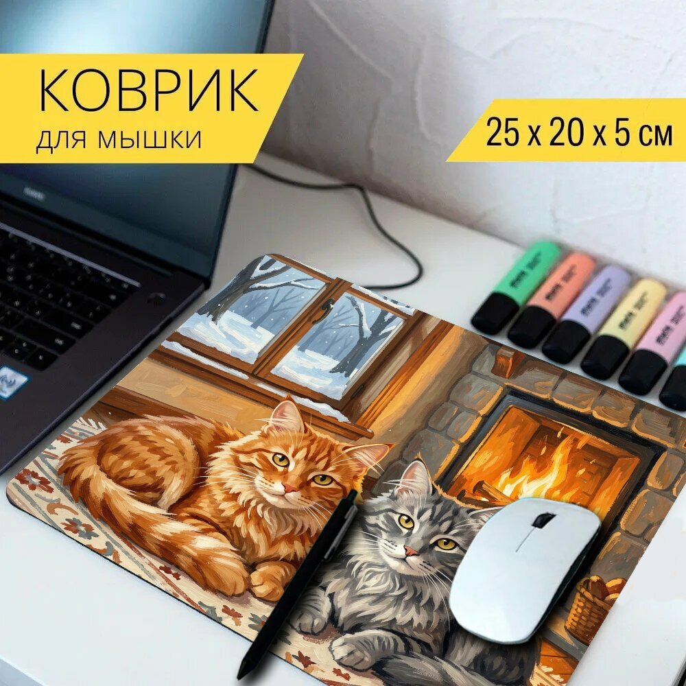 Коврик для мыши с принтом "Два пушистых кота у камина. Уютная зимняя сцена в живописной манере: рыжий и серый длинношерстные питомцы отдыхают на ковре рядом с горящим." 25x20см.