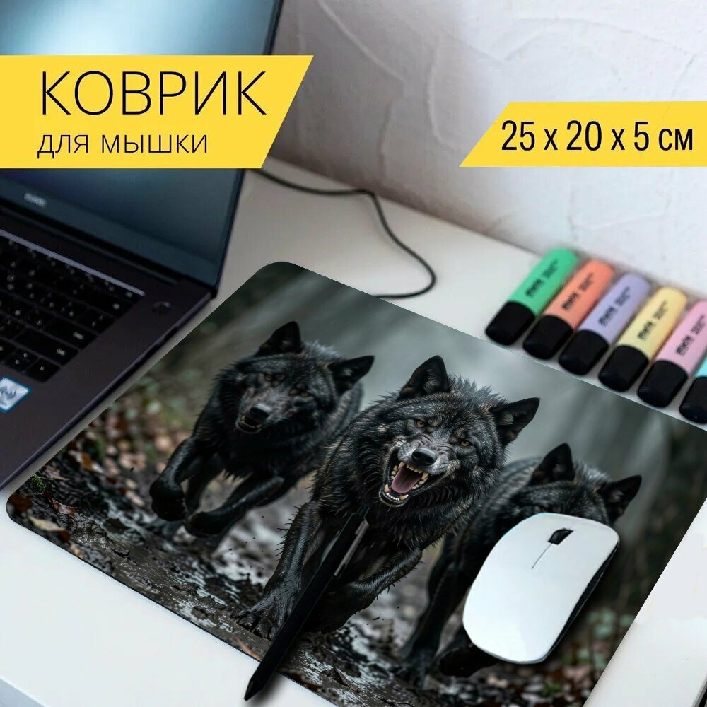 Коврик для мыши с принтом "Три свирепых черных волка. Мрачная кинематографичная сцена в лесной чаще: трое хищников мчатся по грязной тропе, один с оскалом и открытой." 25x20см.