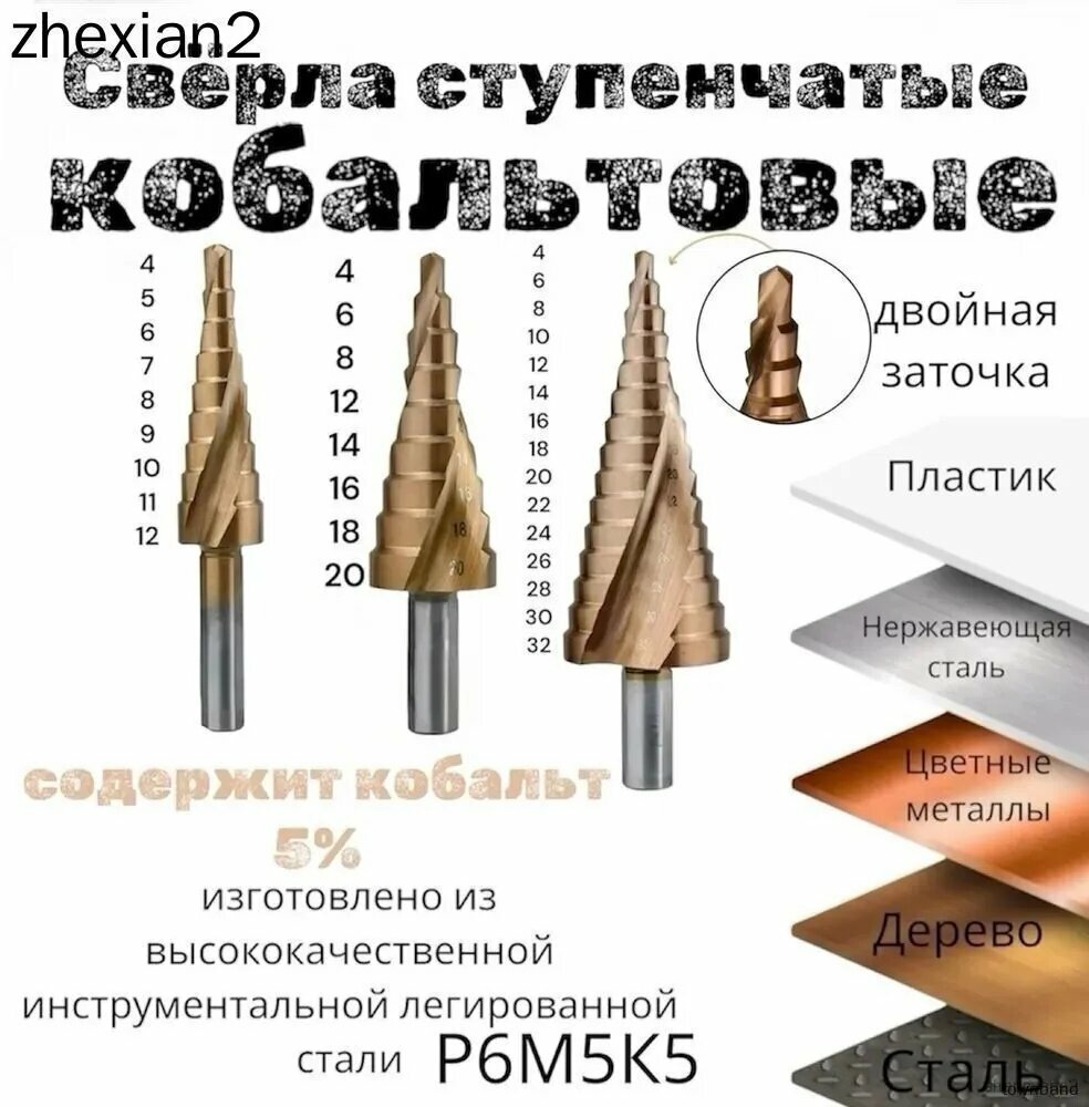 Набор кобальтовых ступенчатых конусных свёрл 4-12 4-20 4-32 Р6М5К5