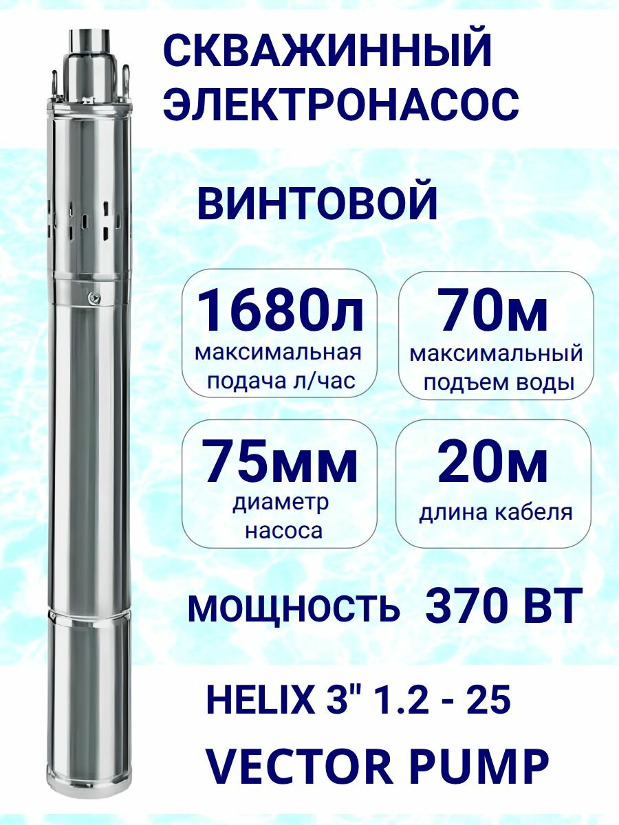 Насос для скважины Винтовой напор 70 м, производительность 1680 л/ч VECTOR PUMP Helix 3" 1.2-25