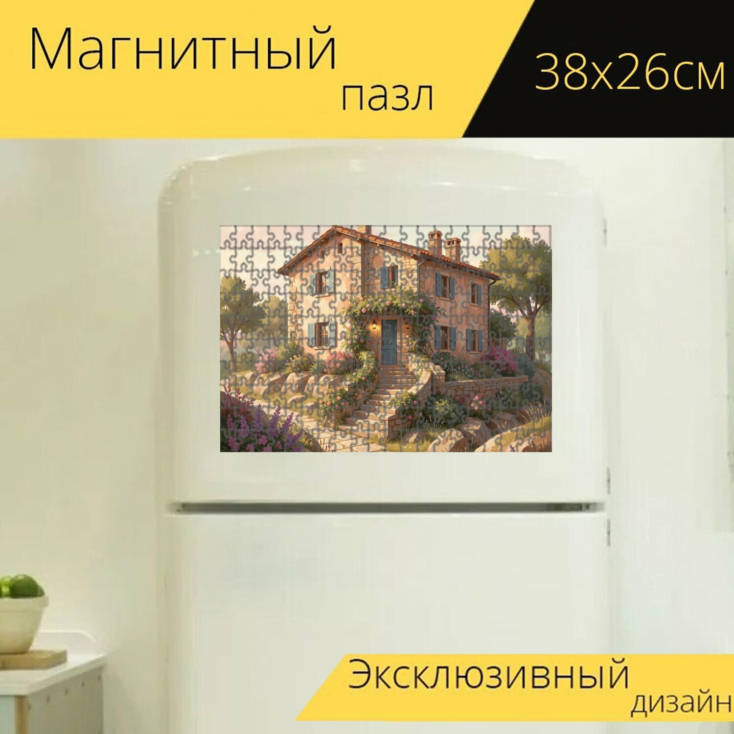 Магнитный пазл "Средиземноморский дом в цветущем саду. Уютное загородное строение с голубыми ставнями, каменной дорожкой и аркой из розовых цветов. Теплая." для интерьера, 38х26 см.