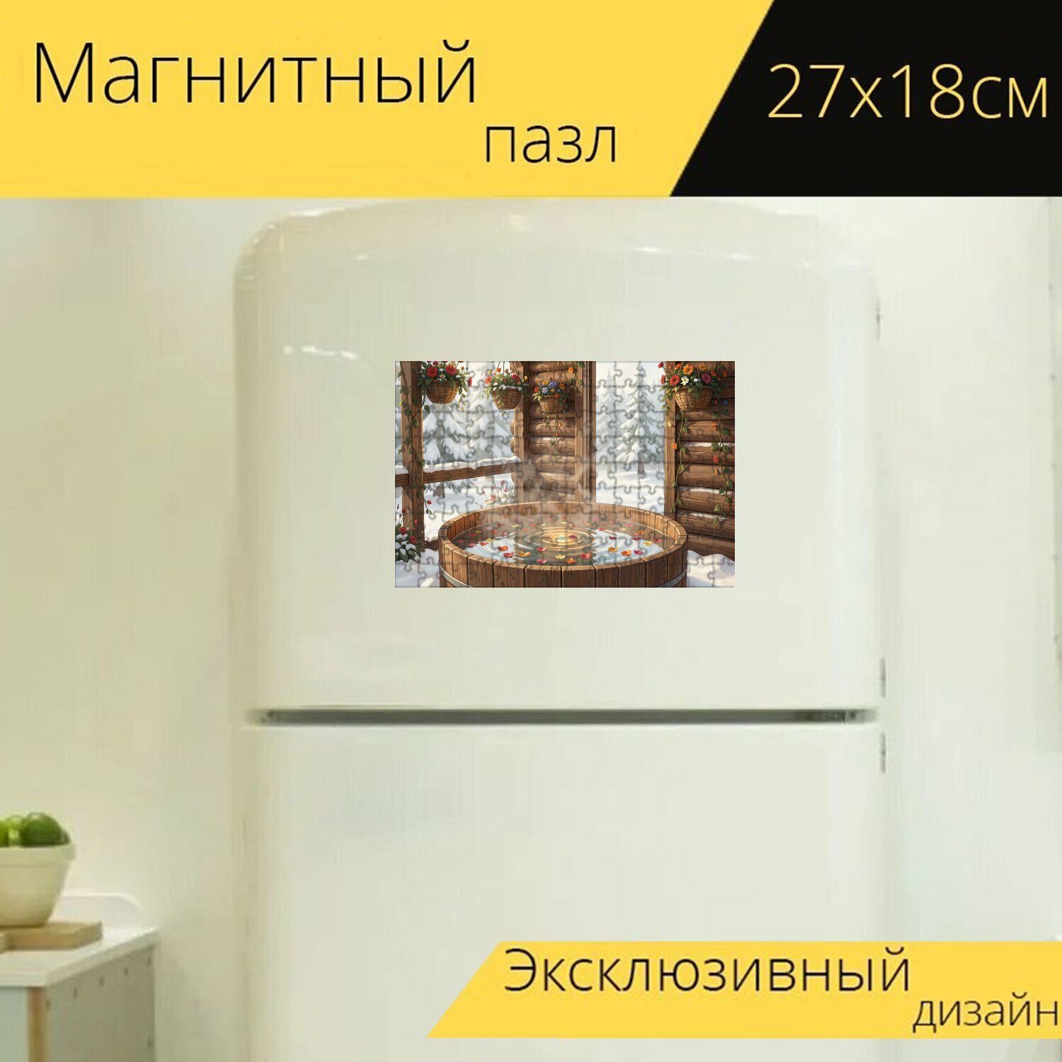 Магнитный пазл "Зимняя купель в деревянной бане. Уютный рустикальный интерьер с круглой деревянной купелью, паром и лепестками на воде. За окном снежный." на холодильник 27 x 18 см.