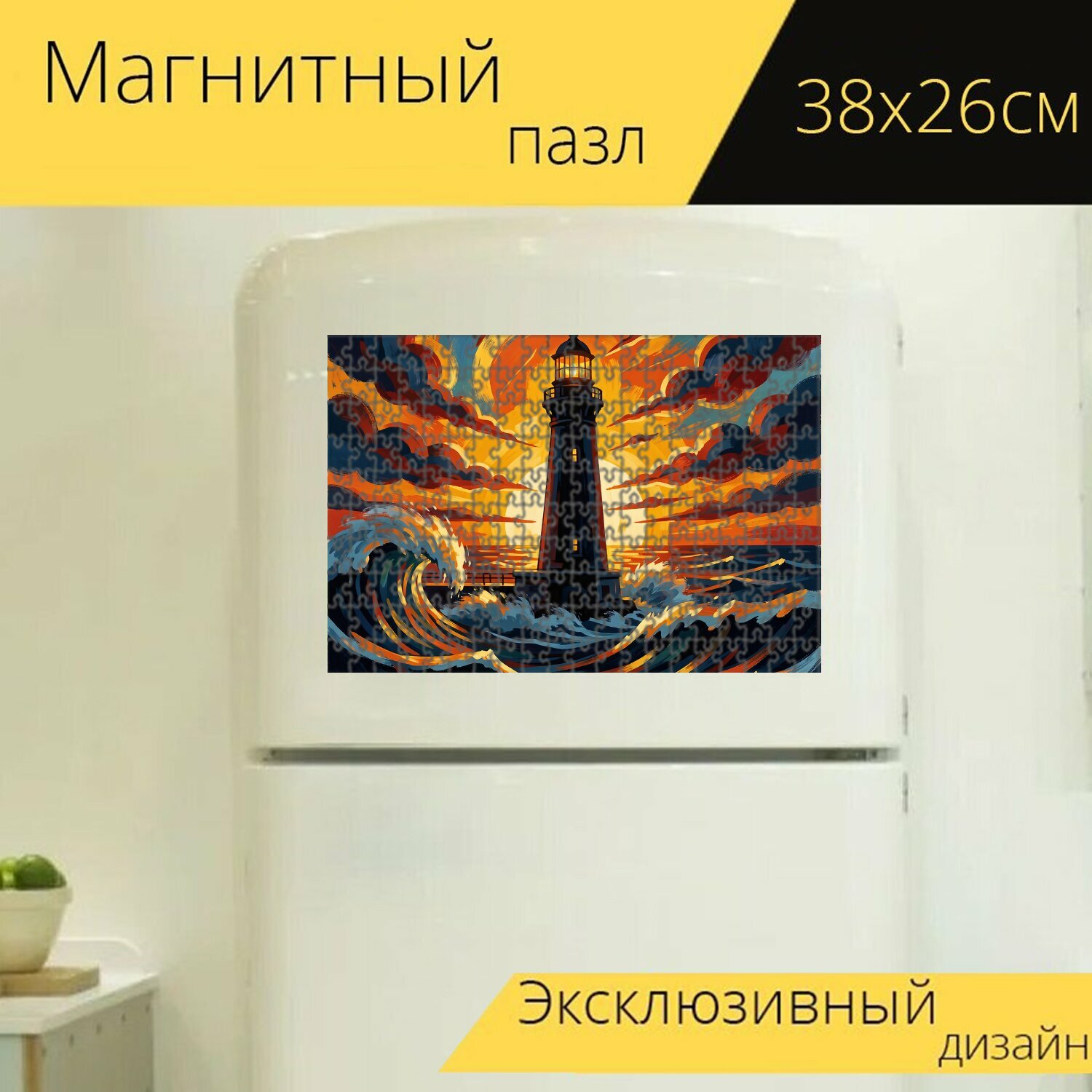 Магнитный пазл "Маяк в огненном закате. Одинокая башня у бурного моря на фоне яркого закатного неба, драматичные волны и облака, контрастные сине-оранжевые." для интерьера, 38х26 см.