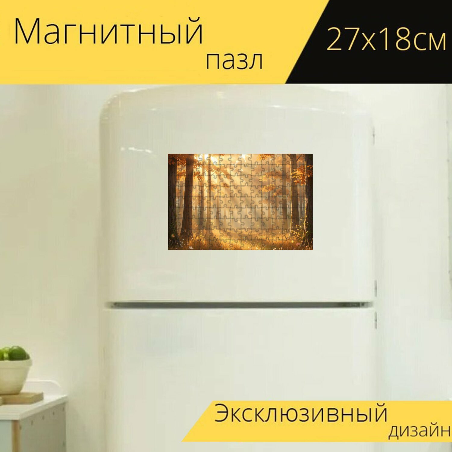 Магнитный пазл "Осенний лес в солнечных лучах. Тёплый лесной пейзаж с высокими деревьями, золотой листвой и мягкими лучами солнца в тумане. Уютная." на холодильник 27 x 18 см.