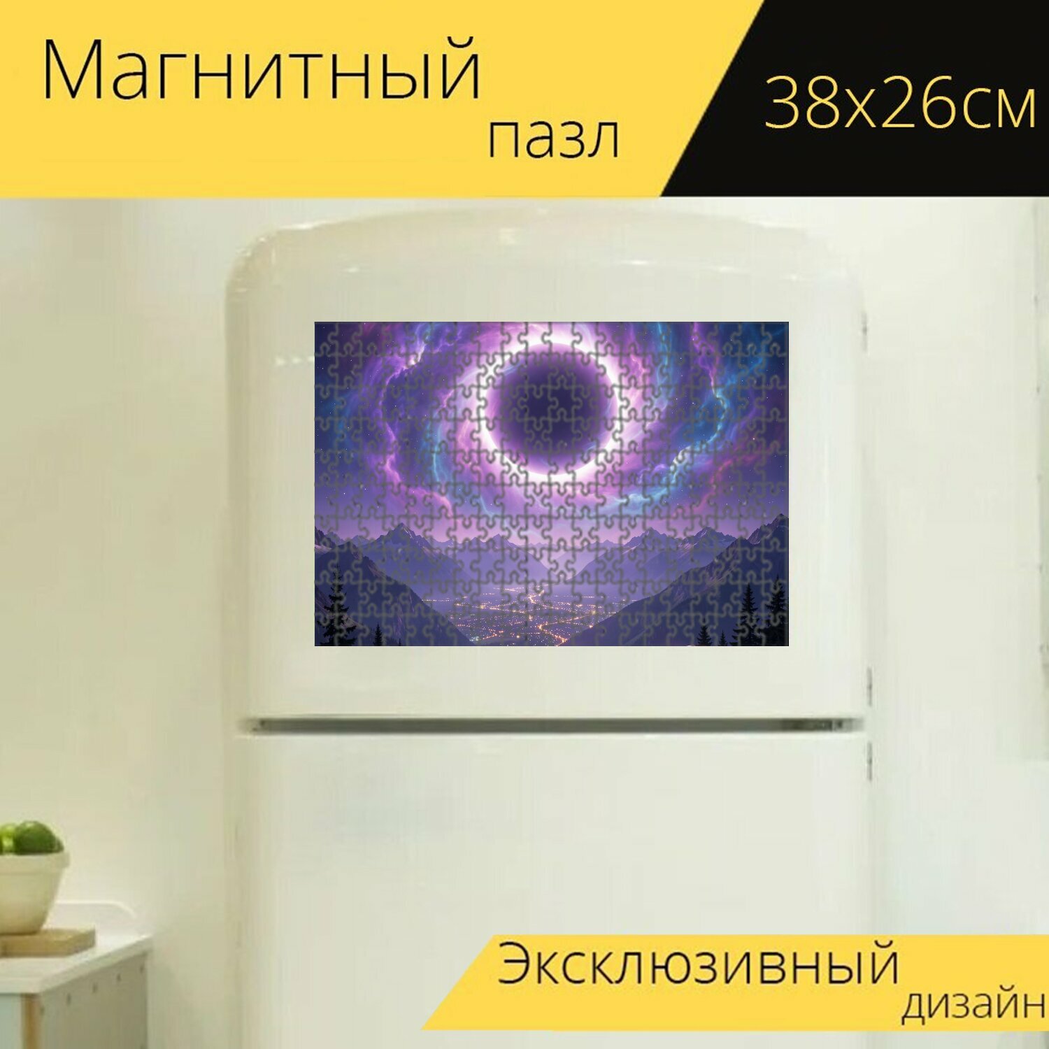 Магнитный пазл "Космическое затмение над горами. Фантастический ночной вид: огромная тёмная планета с сияющим ореолом, фиолетово-голубые туманности." для интерьера, 38х26 см.