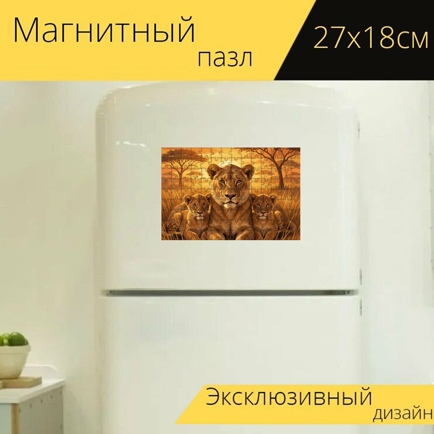 Магнитный пазл "Львица с детёнышами в саванне. Семейство хищников среди высокой травы африканской равнины на фоне акаций и тёплого заката. Живописная." на холодильник 27 x 18 см.