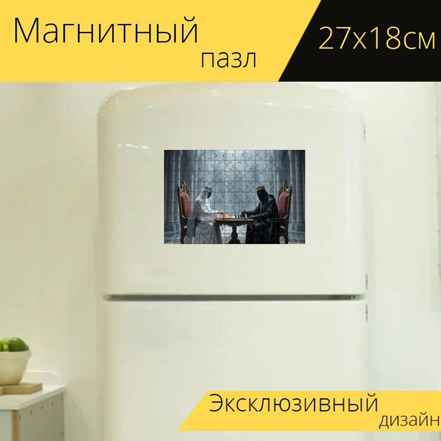 Магнитный пазл "Шахматный поединок короля и королевы. Таинственная сцена в готическом соборе: две коронованные фигуры в белом и черном ведут партию за." на холодильник 27 x 18 см.