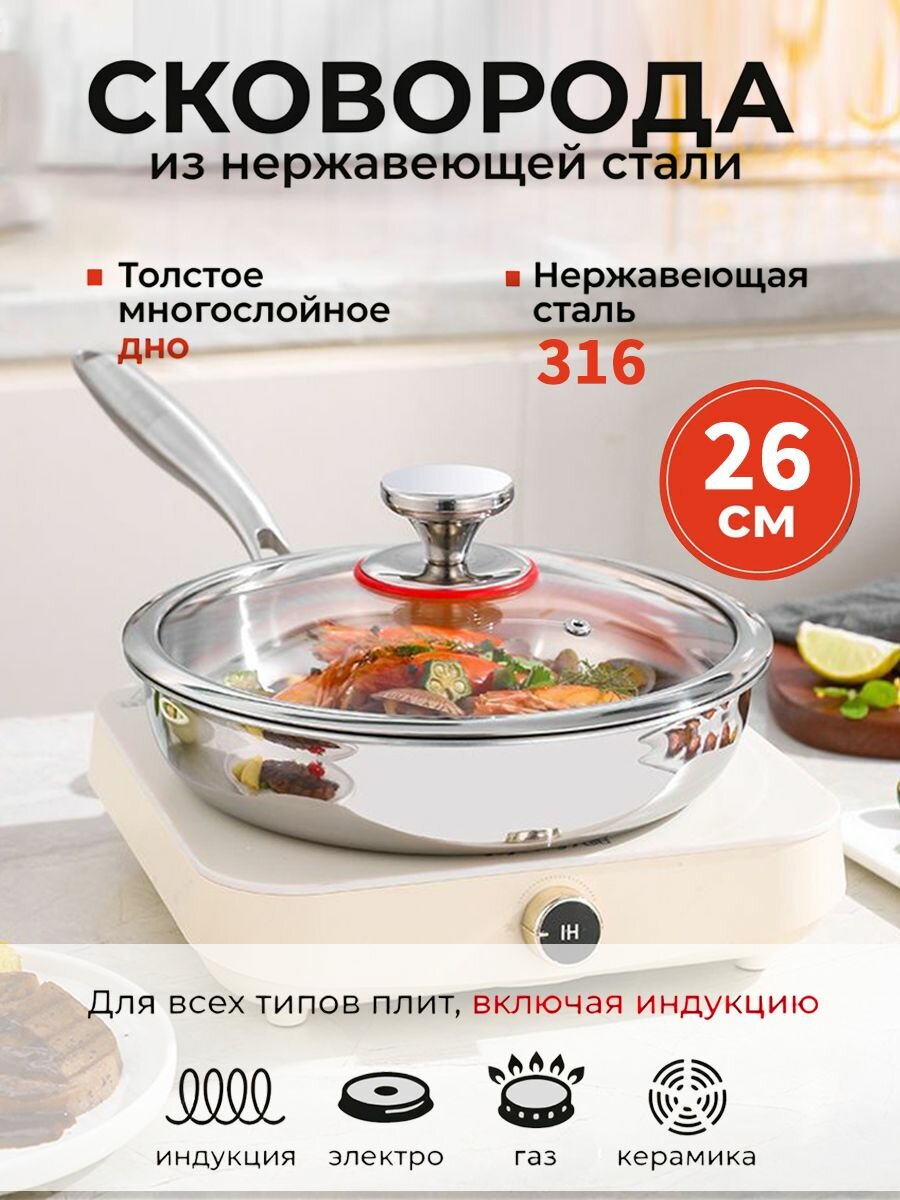Всемогущая кухня Сковорода, 26 см, с крышкой, с фиксированной ручкой
