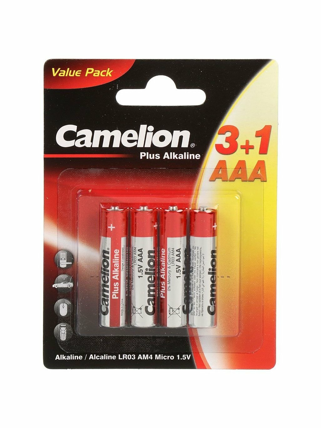 Батарейки Camelion AAA Alkaline Plus, 1.5 В, мизинчиковые LR03, щелочные, 4 штуки в блистере, артикул 15544