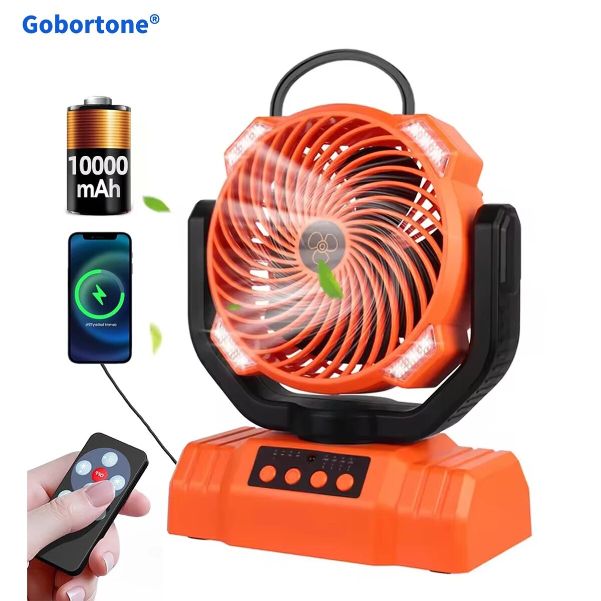Внешний кемпинговый вентилятор Gobortone 10000 мАч, настольный заряжаемый вентилятор с функцией внешнего аккумулятора, освещением, USB, портативный для использования на открытом воздухе и в палатке — оранжевый