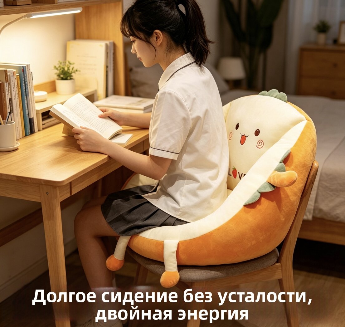 Симпатичная и мягкая подушка для офисного кресла, 45*30*30см, рисунок - тост с круглыми глазами