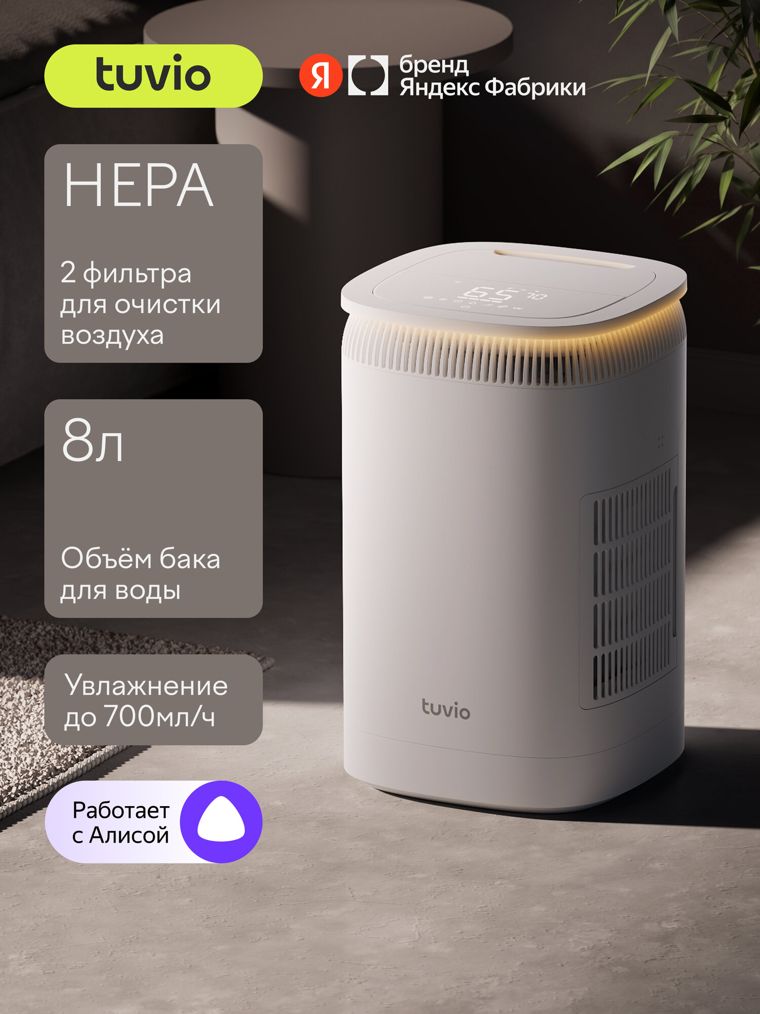 Мойка воздуха с естественным увлажнением, Wi-Fi и с двумя HEPA фильтрами Tuvio, 8 литров TAP02DE