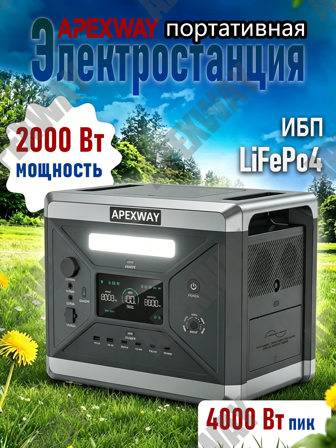 Портативная генератор 2000 Вт APEXWAY с розеткой 220В LiFePo4