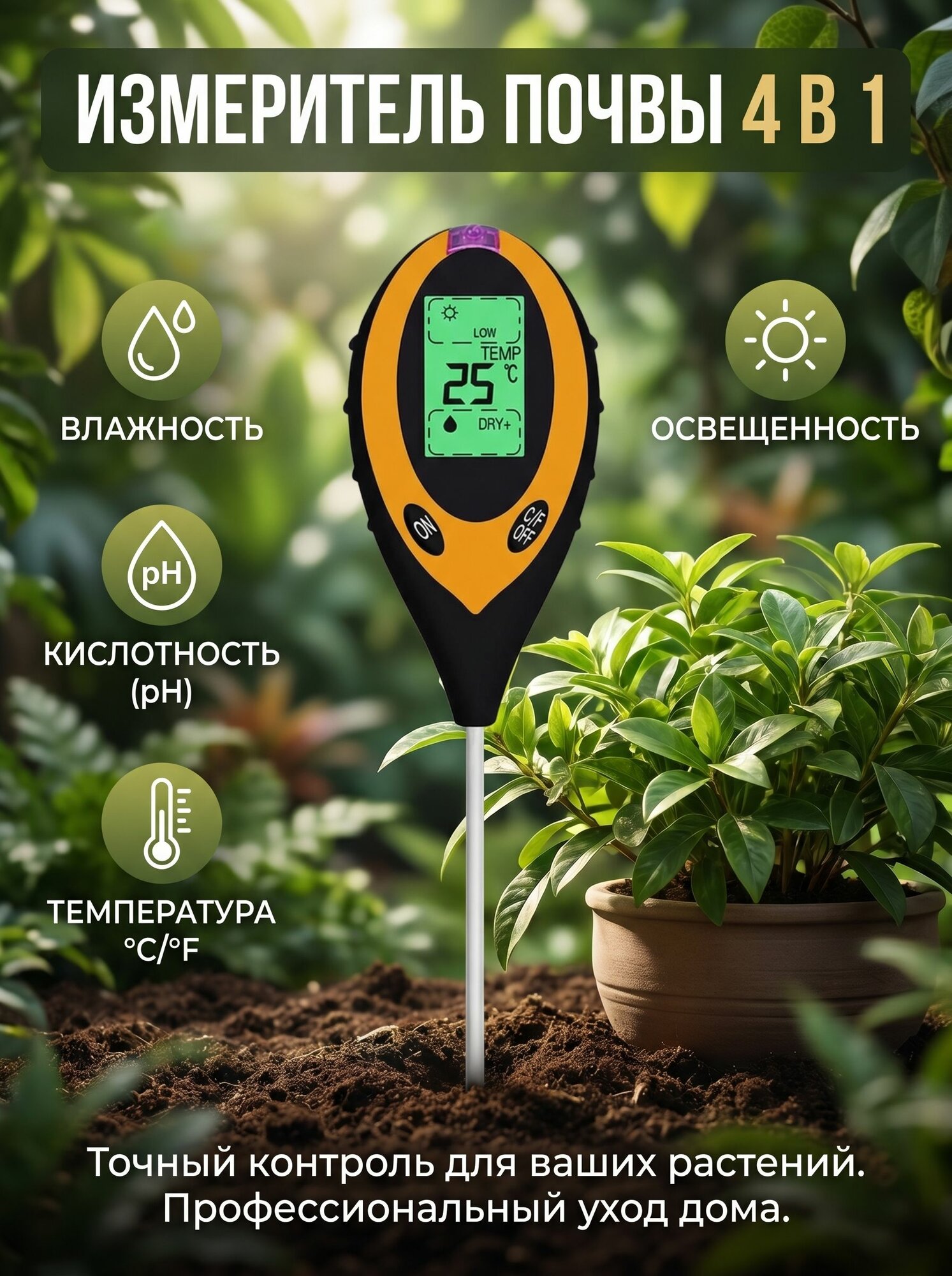 Измеритель почвы 4 в 1 (кислотность, влажность, температура, освещенность)