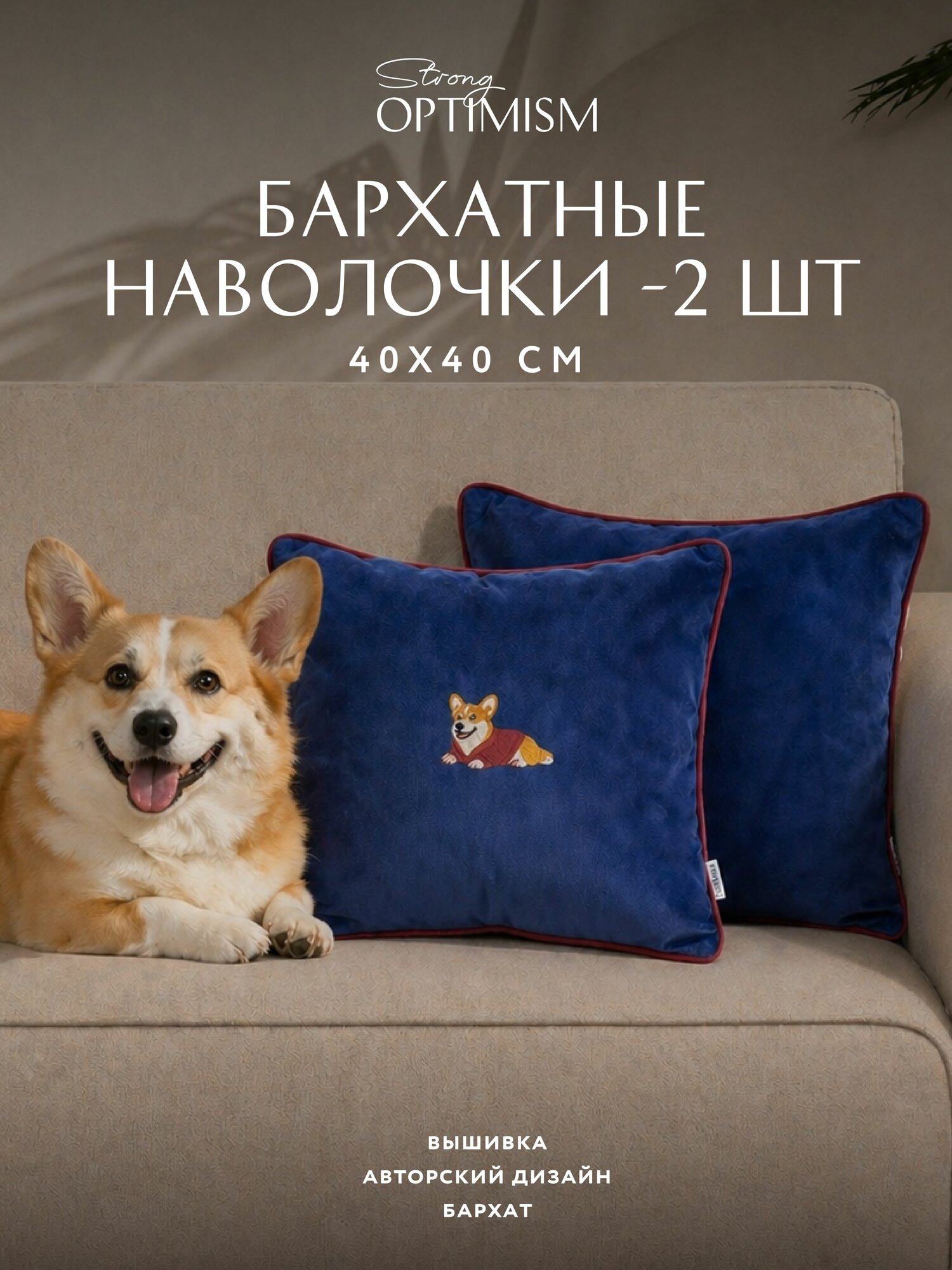 Наволочки декоративные бархатные с вышивкой Очаровательный Корги 40х40, цвет синий, красный 2 штуки