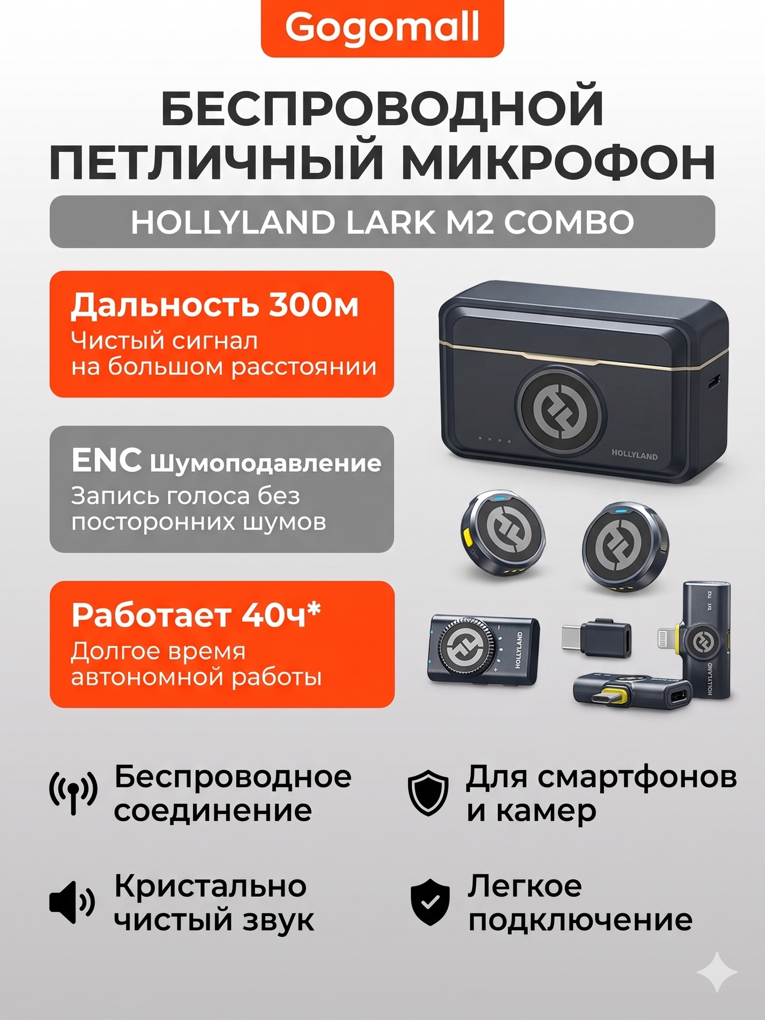 Радиосистема Hollyland M2 Combo, беспроводной петличный микрофон (2 передатчика + ресивер + кейс) Dark grey