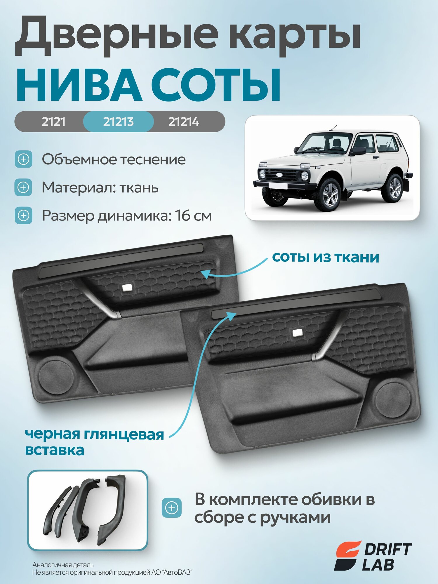 Обивка передних дверей Нива Соты с черной глянцевой вставкой, комплект 2 шт / Обшивка ромб / Дверный карты соты / 2121, 21213, 21214, Урбан, Бронто, Легенда