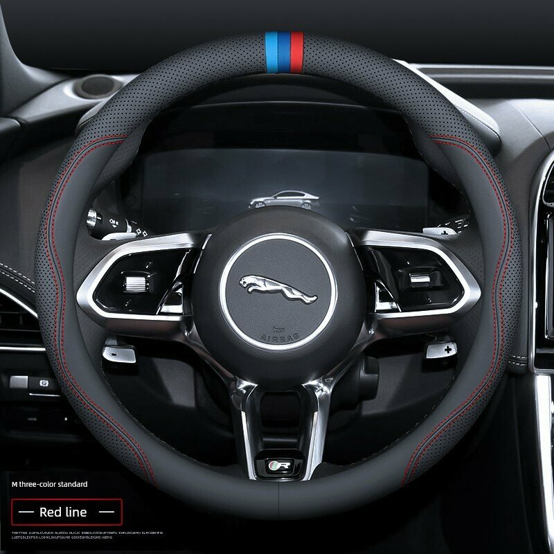 Накладка на руль Jaguar из натуральной кожи, круглая, с красной строчкой и трехцветным логотипом