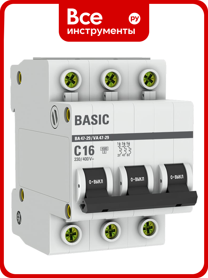 Автоматический выключатель EKF 3P 16А (С) ВА 47-29 4.5кА Basic mcb4729-3-16C
