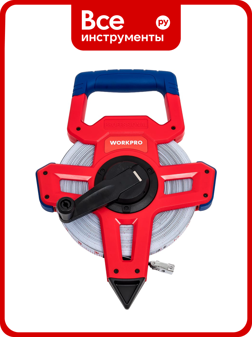 Рулетка со стекловолоконной лентой WORKPRO 50м WP263004, желтая лента с сантиметровой шкалой, измерительный инструмент