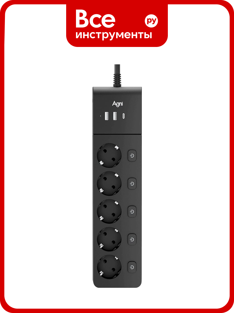 Сетевой фильтр AGNI плоский, 5 розеток, c кабелем 2м, черный,3 USB TP-FI3U5E-2m-black TP-FI3U5E-C-2m-black