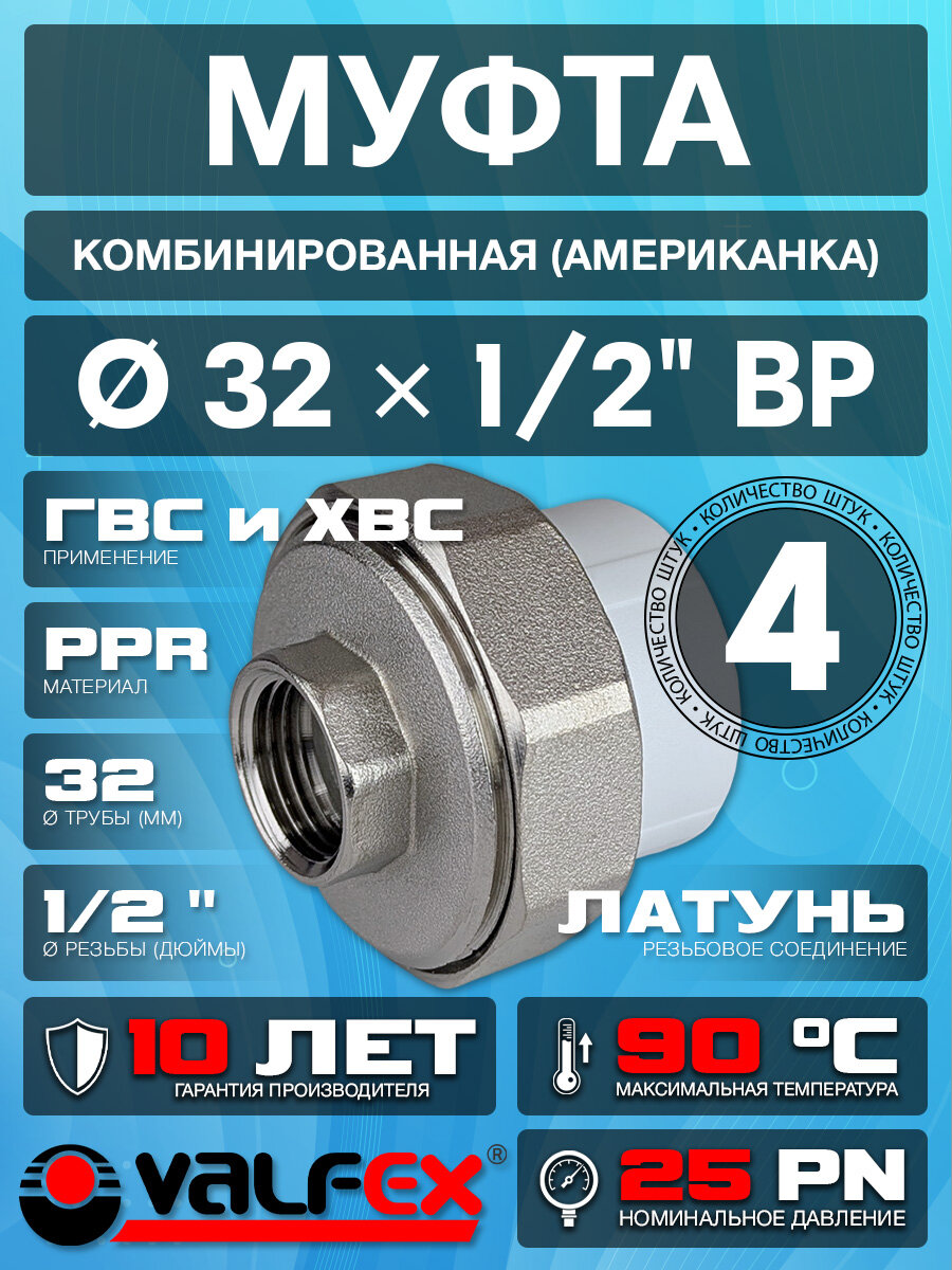 Муфта комбинированная разъемная (американка) с внутренней резьбой 32x1/2" (4 шт)