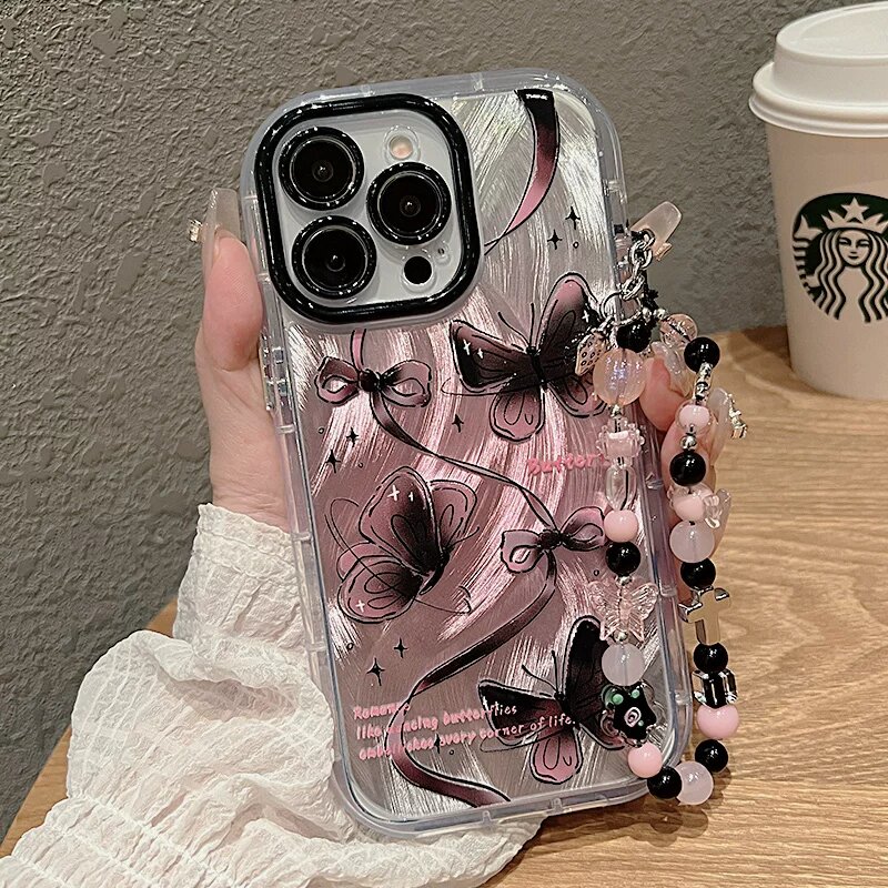Чехол для iPhone 14 с бабочкой и кремовой кружевной текстурой, чехол с шнурком для мобильного телефона