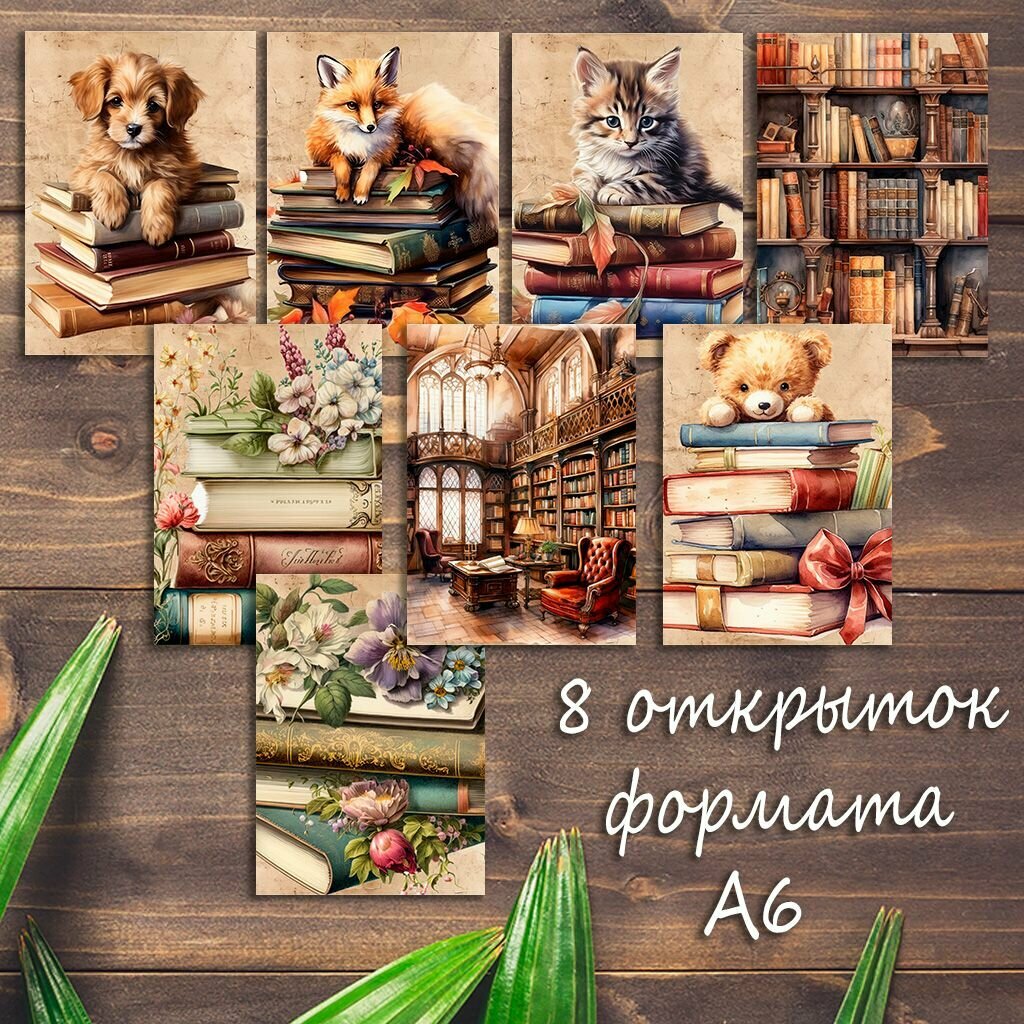Большой набор открыток Книги, библиотека, 8 штук