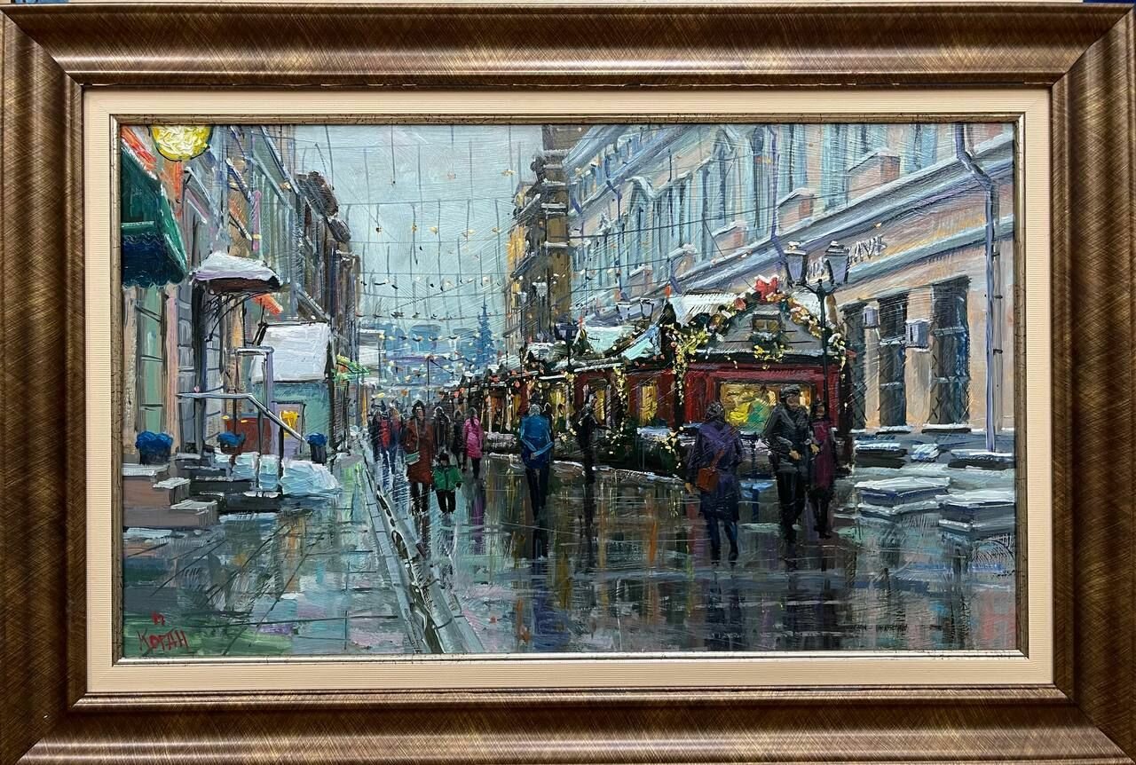 Картина маслом, городской пейзаж "Ярмарка на Никольской". Холст/Масло. Размер 30х50. Автор Борис Коган.