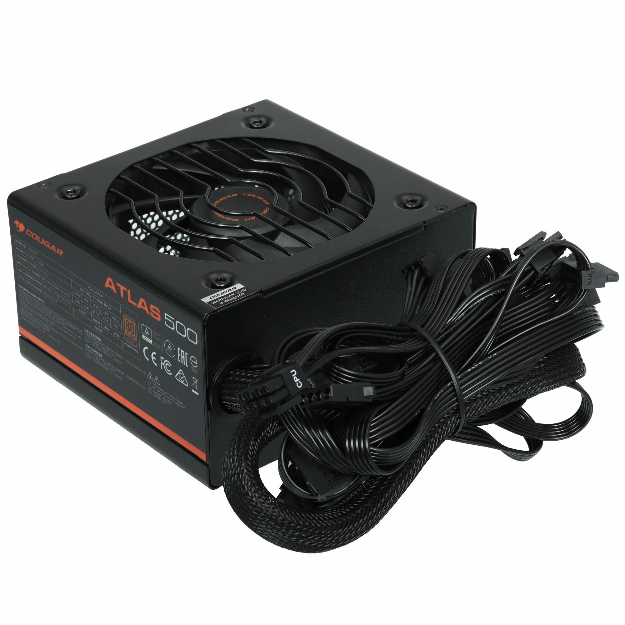 Блок питания Cougar Atlas 500 80 Plus Bronze (CGR BA-500) черный - ATX 24-пин, 4 pin + 4 pin CPU, 6 SATA, 2 x 6+2 pin PCI-E