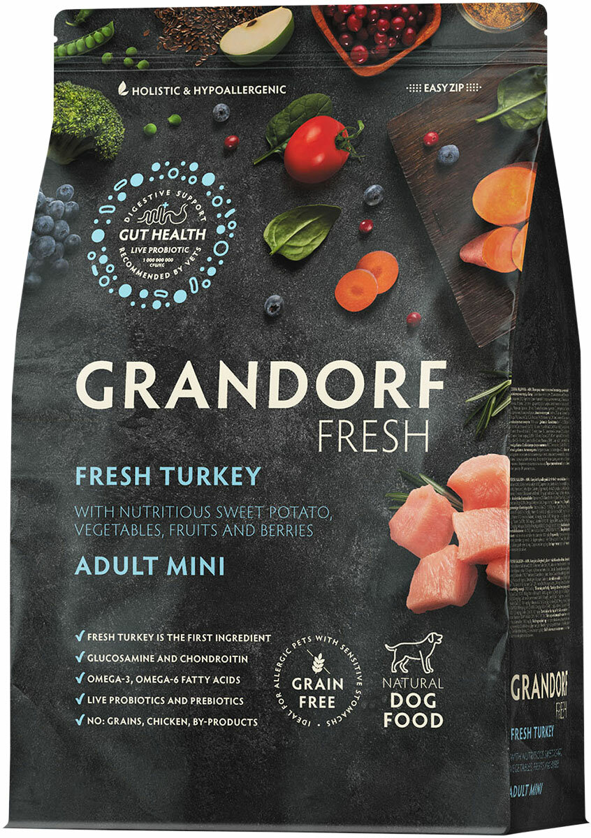 Корм сухой Grandorf Fresh Grain Free Dog Adult Mini Turkey & Sweet Potato беззерновой для взрослых собак мелких пород, индейка, батат, 3 кг