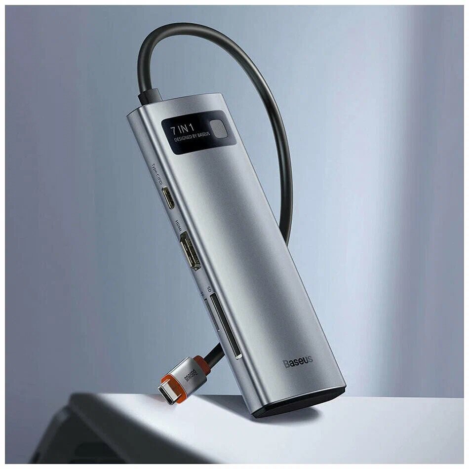 USB-C Хаб Baseus 7-in-1 Type-C to 2хUSB3.0+HDMI+2хType-C, SD/microSD (WKWG020113) серый
